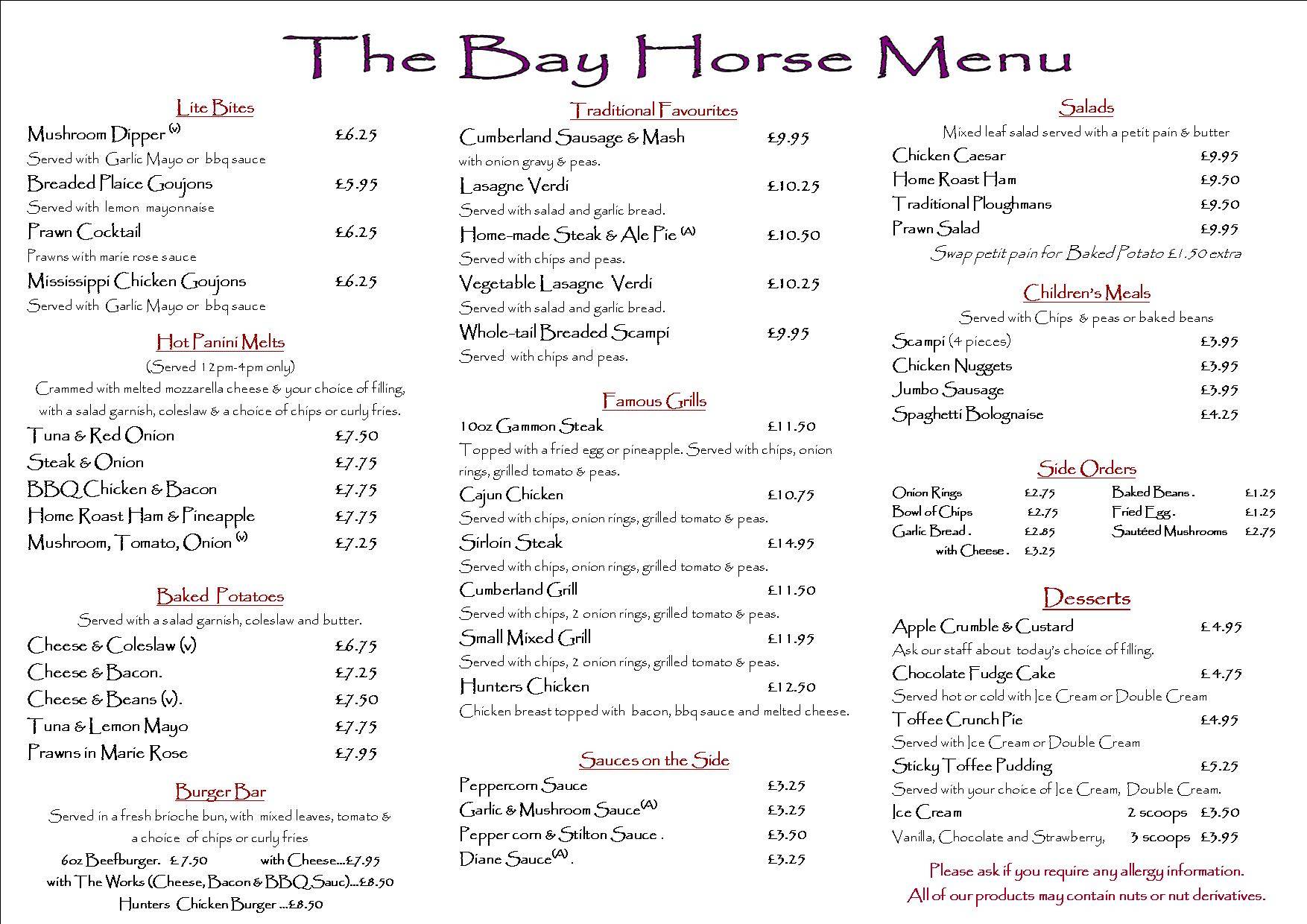 Menu at The Bay Horse pub & bar, Barrow-in-Furness