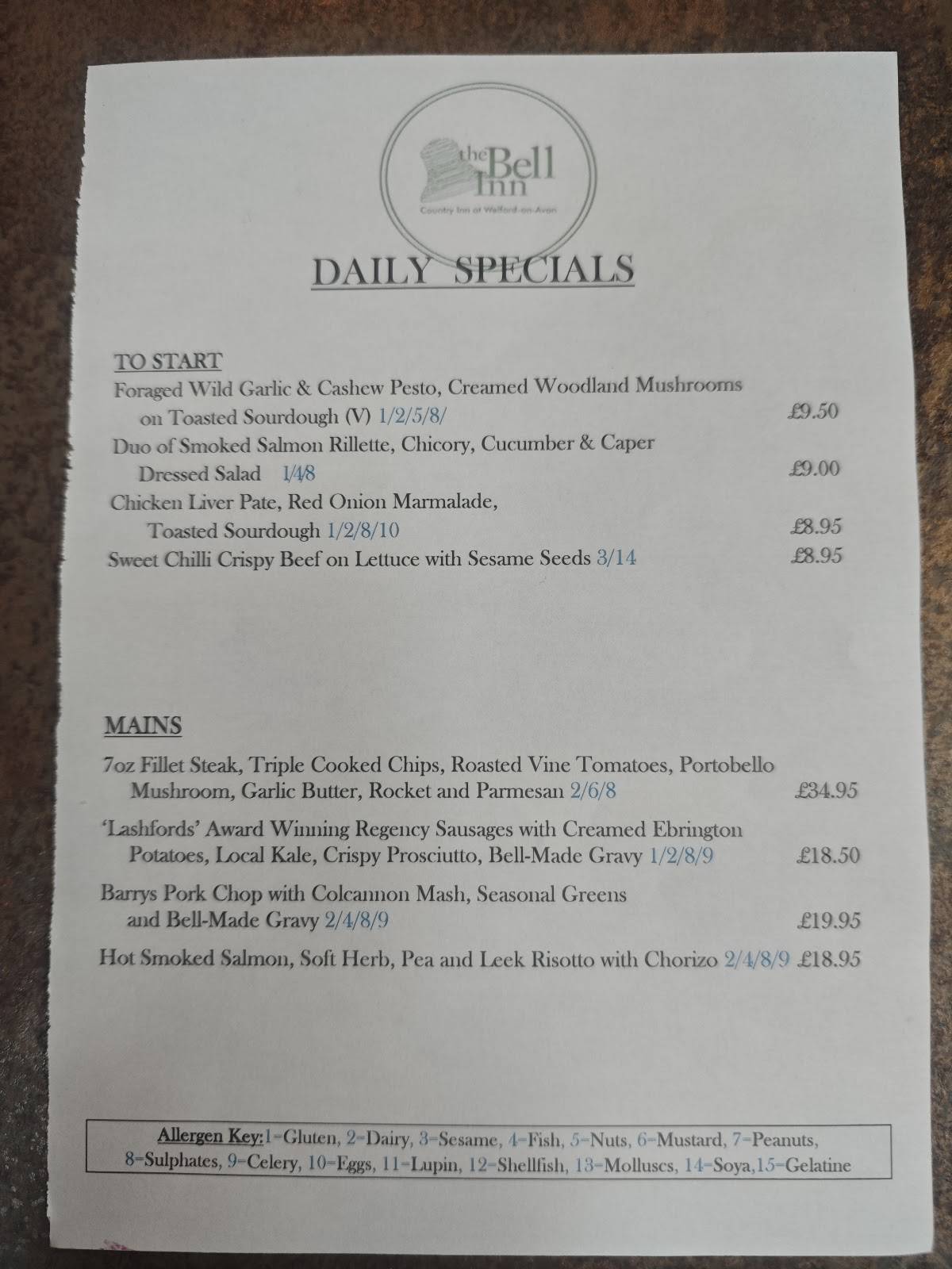 Menu at The Bell Inn, Welford on Avon pub & bar, Stratford-upon-Avon