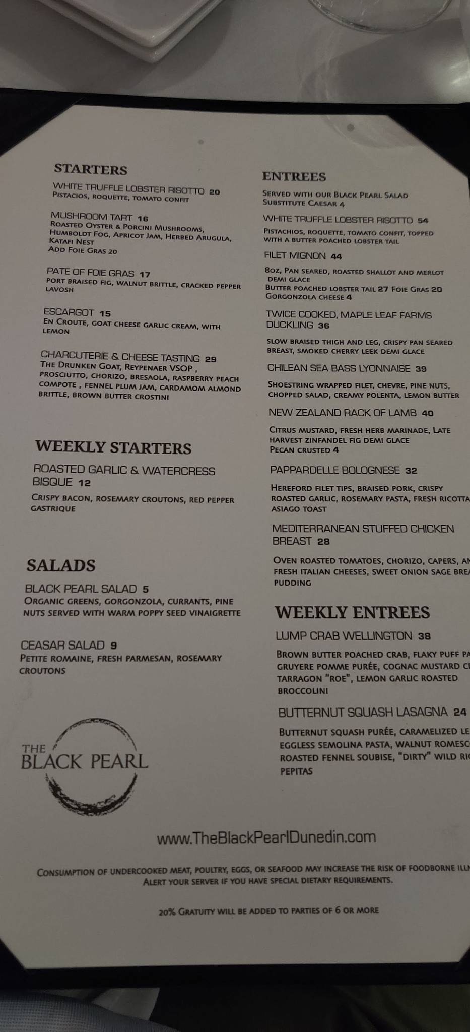 Menu at The Black Pearl restaurant, Dunedin