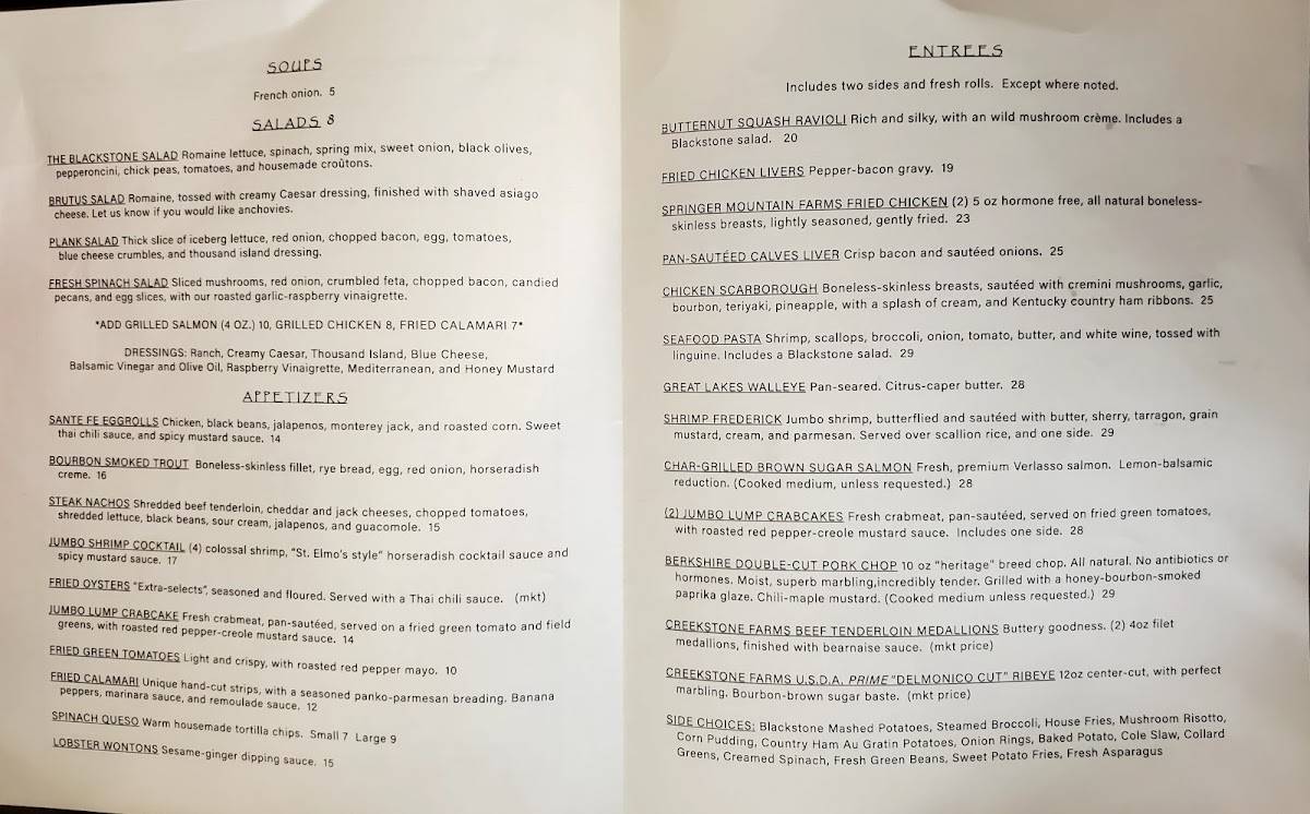 Menu at The Blackstone Grille restaurant, Prospect, US-42