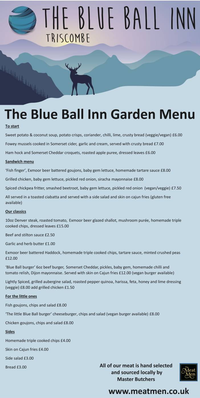 Menu at The Blue Ball Inn pub & bar, Triscombe, Triscombe