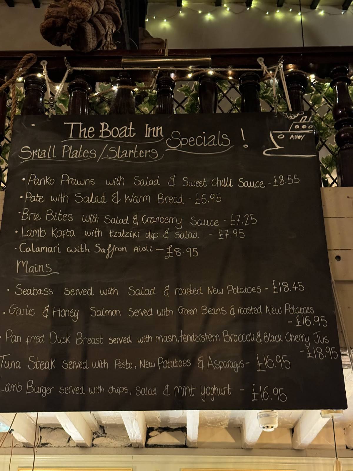 Menu at The Boat Inn restaurant, Chepstow