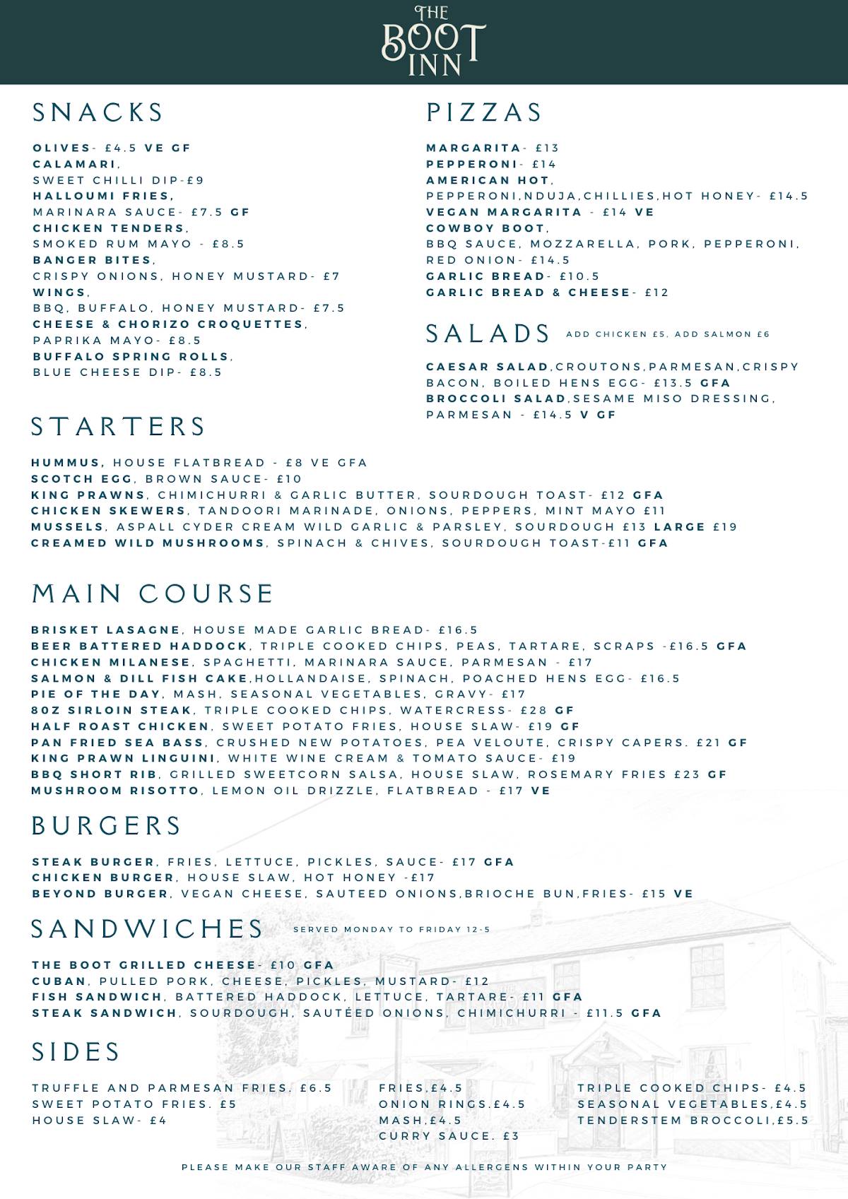 Menu at The Boot Inn restaurant, Leighton Buzzard, 51 High Rd