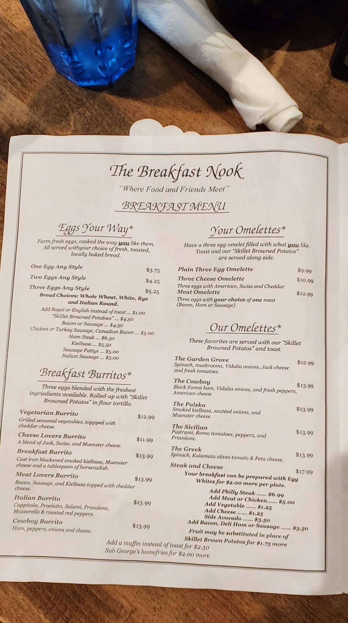 Menu at The Breakfast Nook restaurant, North Haven