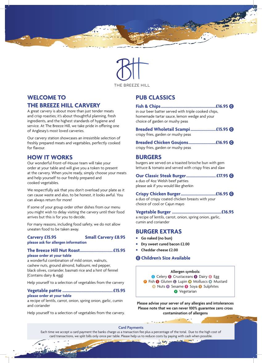 Menu at The Breeze Hill pub & bar, Benllech