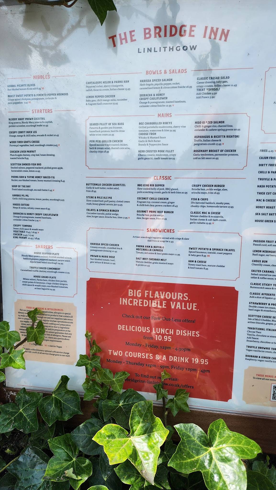 Menu at The Bridge Inn restaurant, Linlithgow