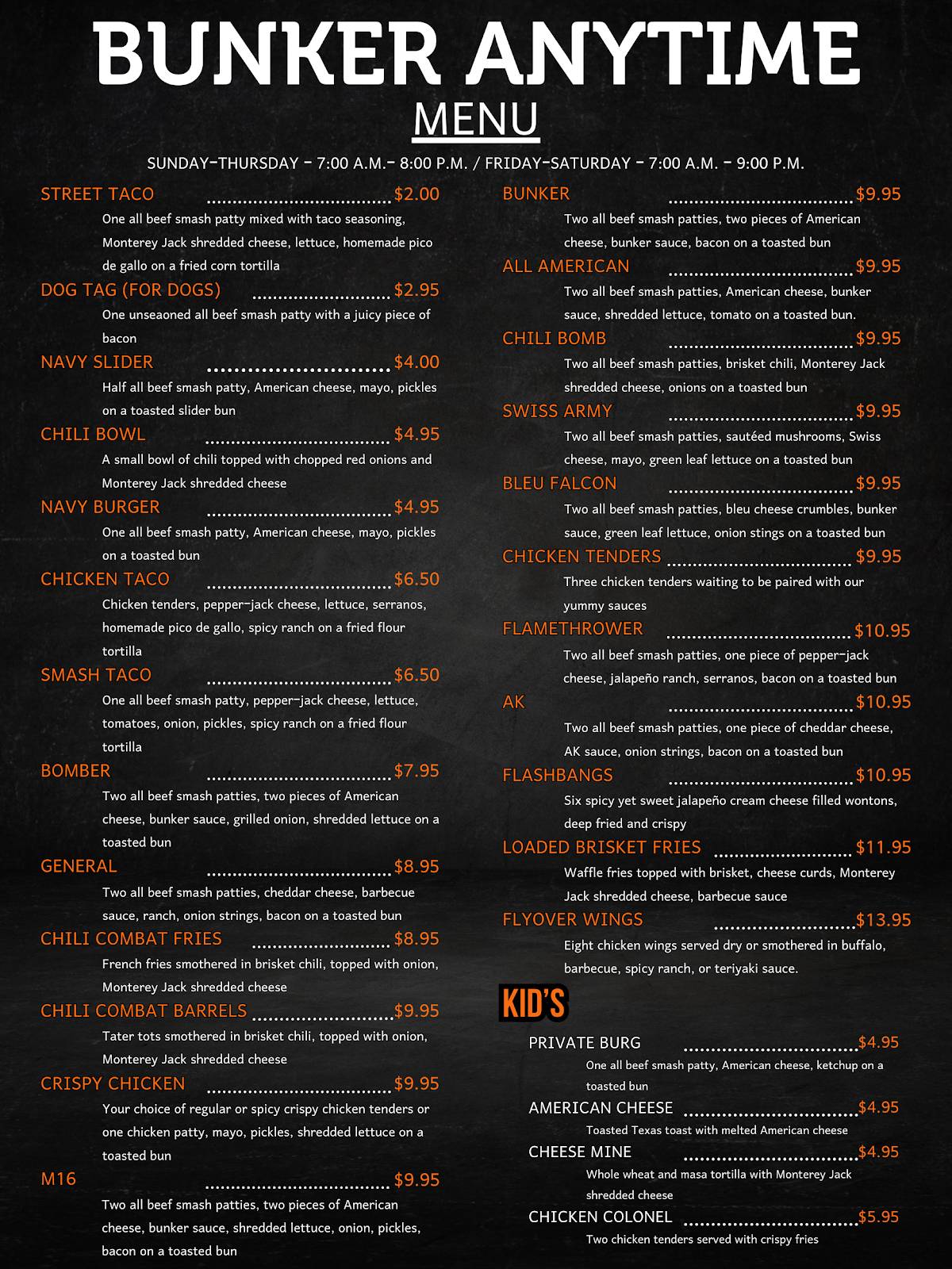 Menu at The Bunker Bar, Post Falls