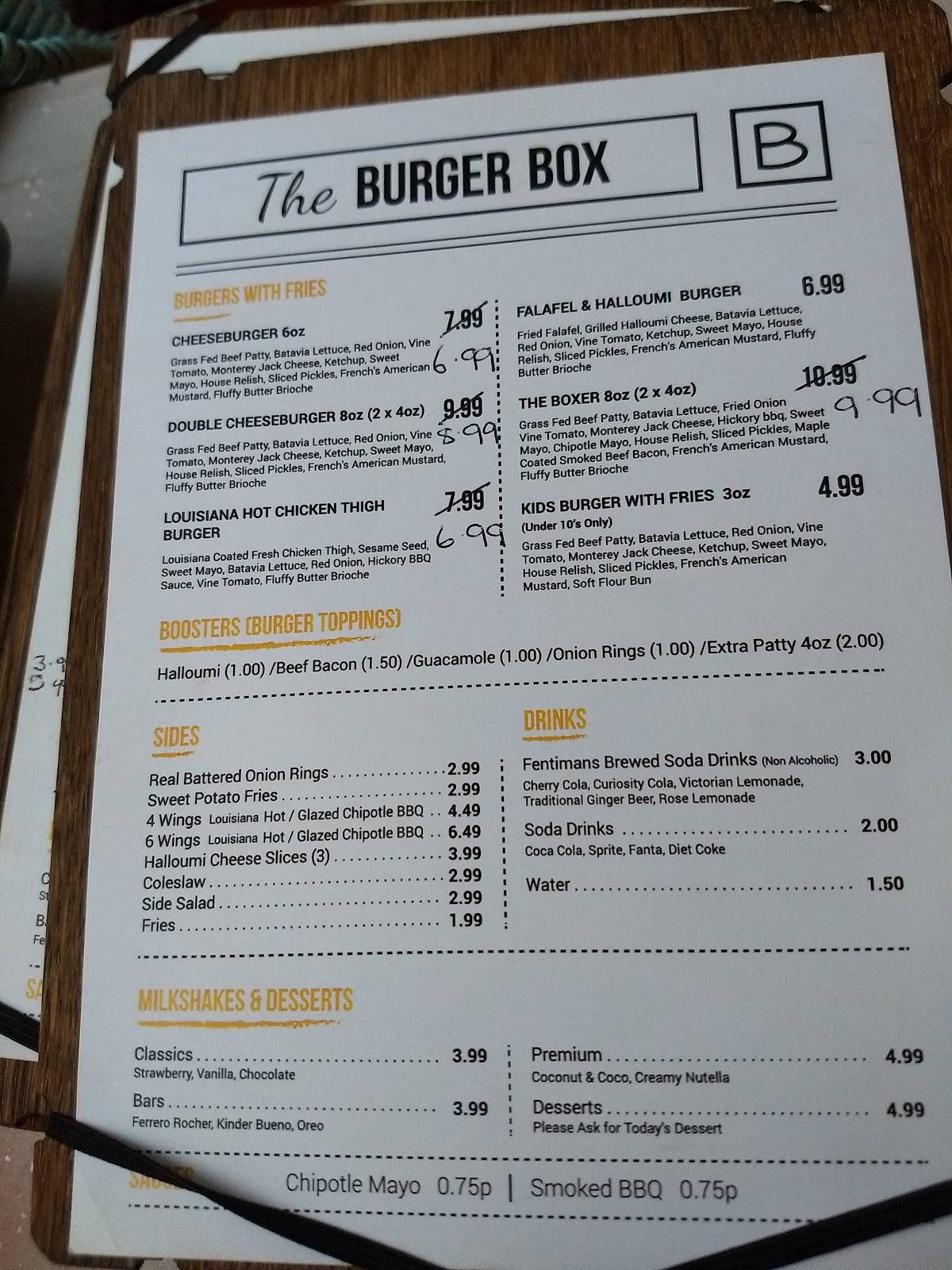 Menu at The Burger Box restaurant, London, 265 High St