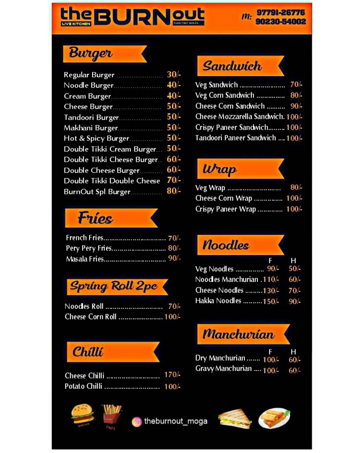 Menu at The Burnout, Moga