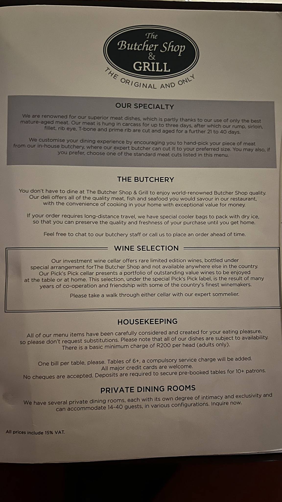 Menu at The Butcher Shop & Grill restaurant, Cape Town, 125 Beach Rd