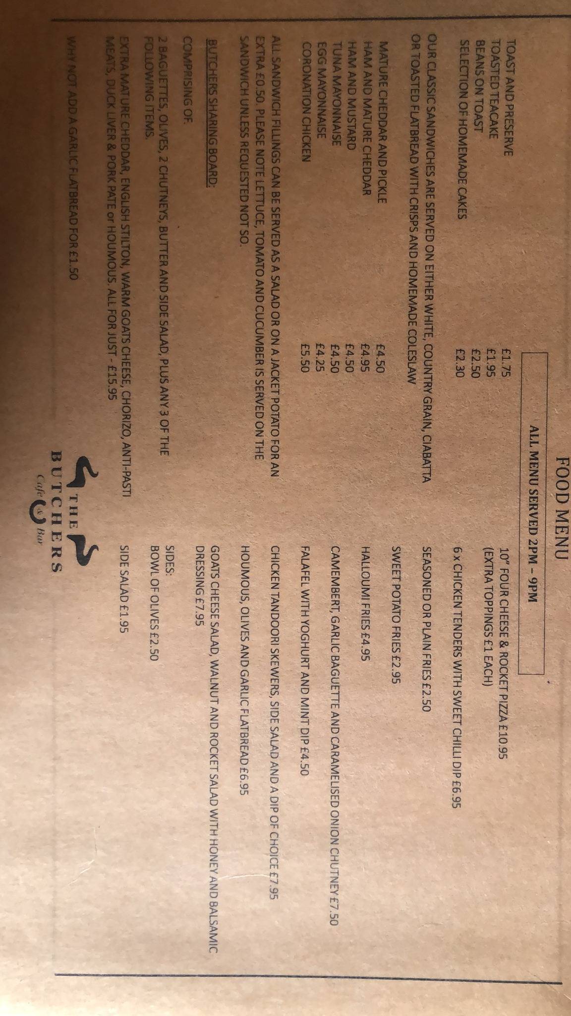 Menu at The Butchers cafe bar, Liverpool