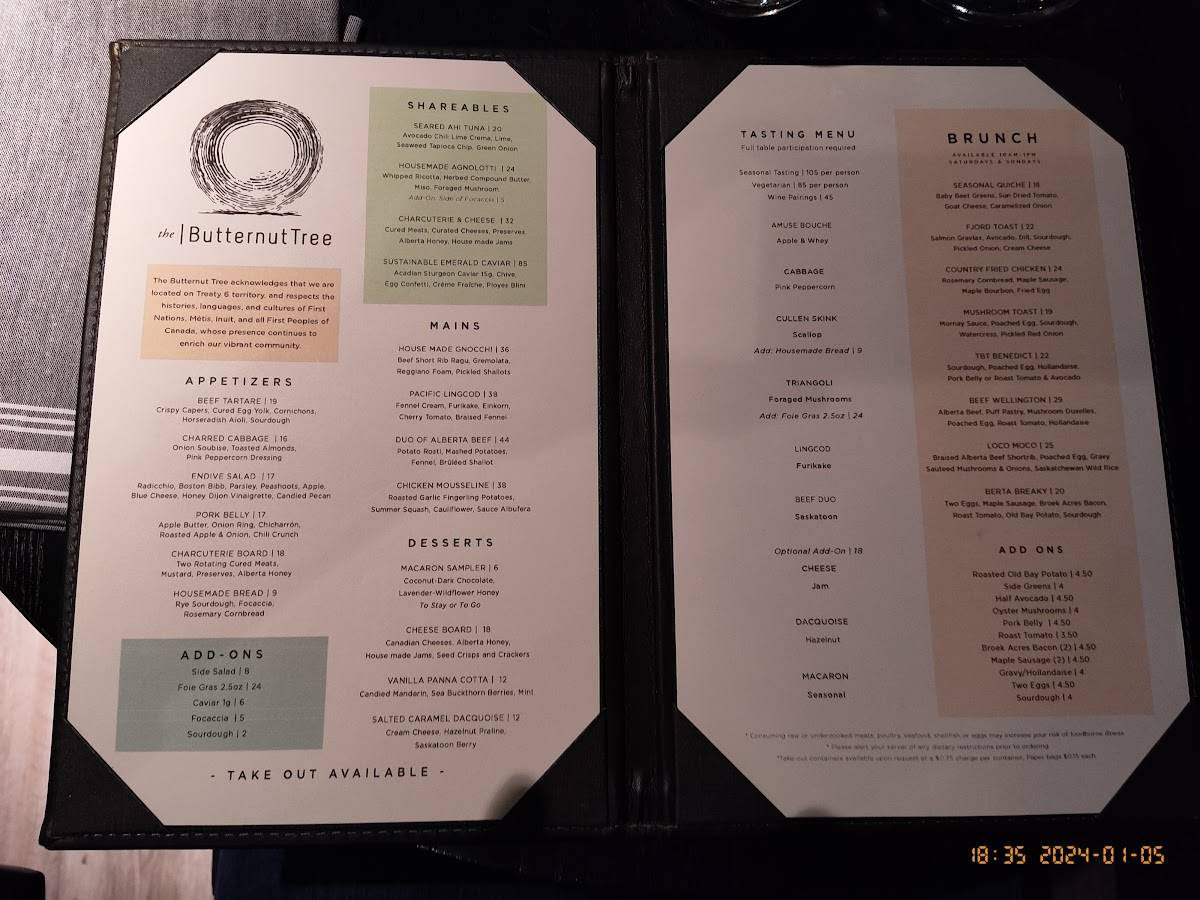 Menu at The Butternut Tree restaurant, Edmonton