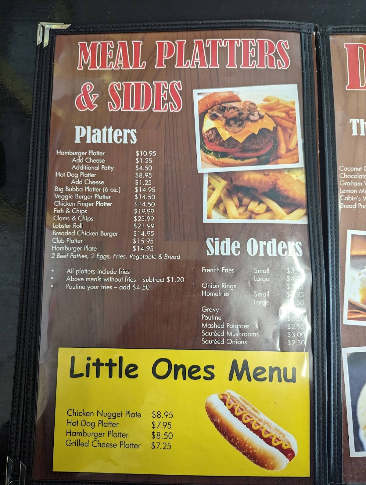 Menu at The Cabin restaurant, Fredericton
