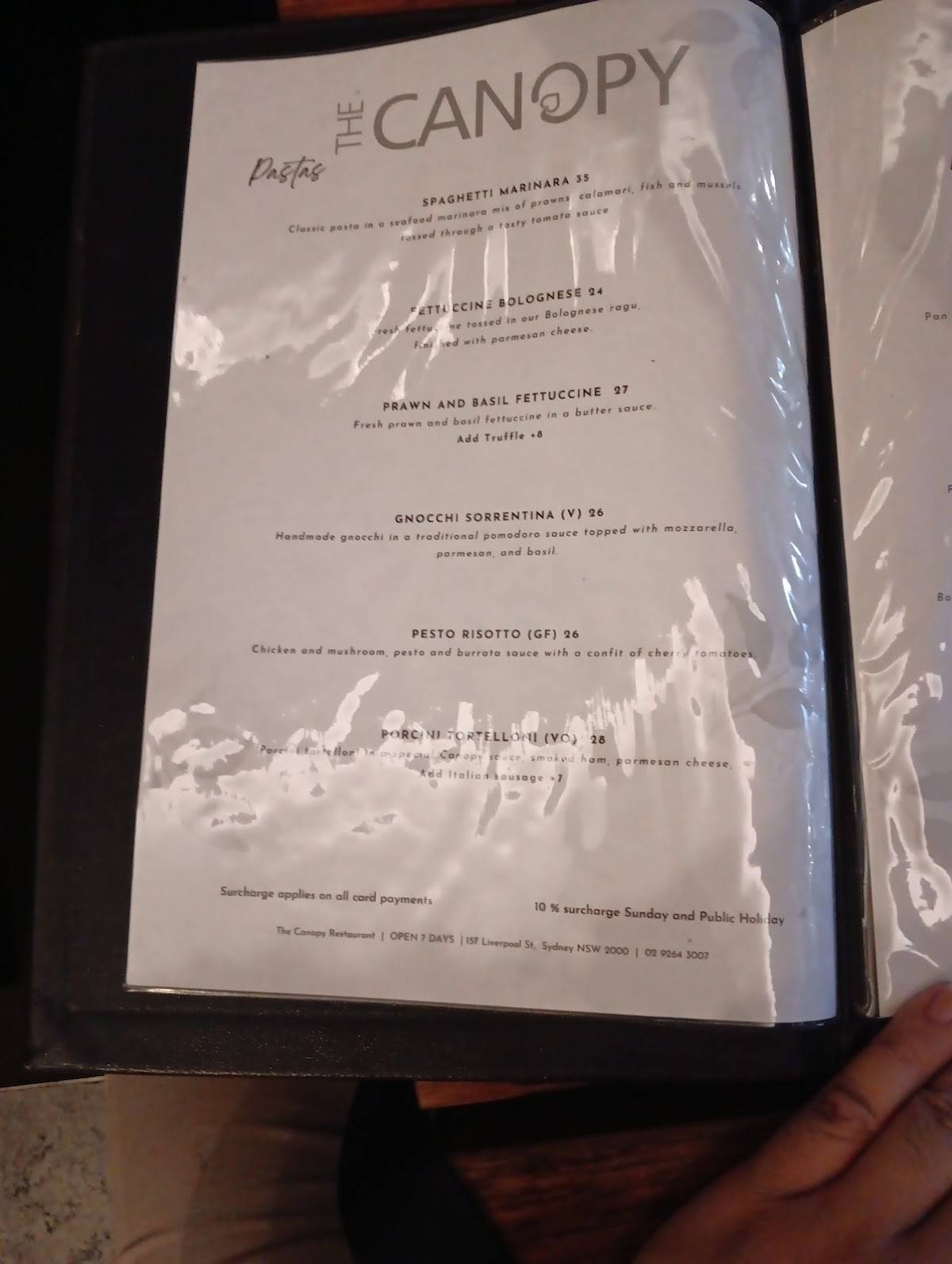Menu at The Canopy cafe, Sydney