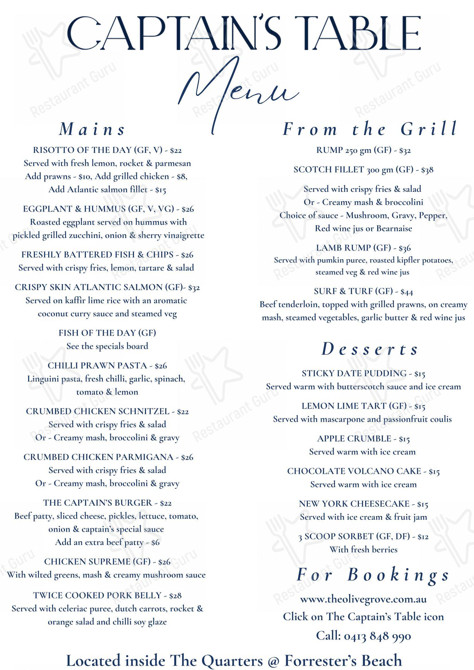 Menu at The Captain's Table restaurant, Forresters Beach