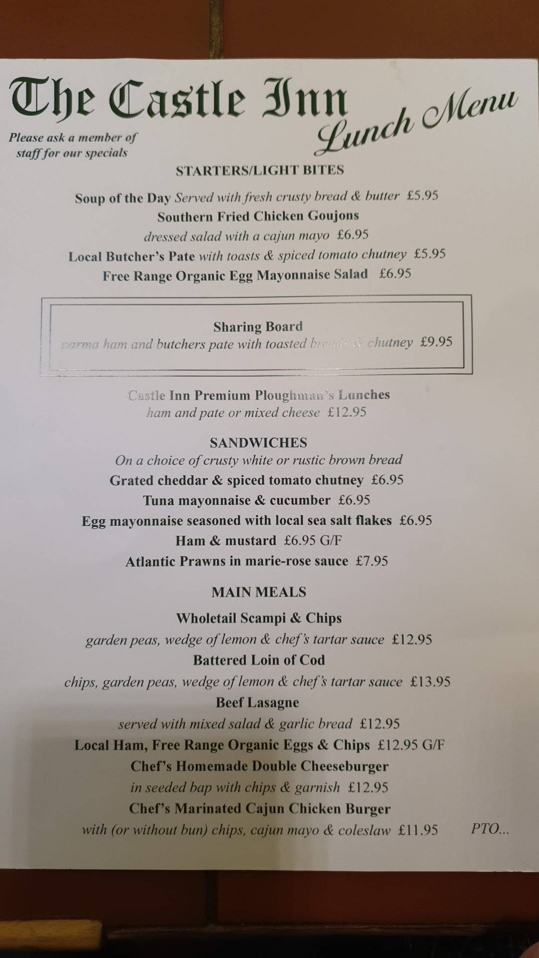 Menu at The Castle Inn pub & bar, Corfe Castle