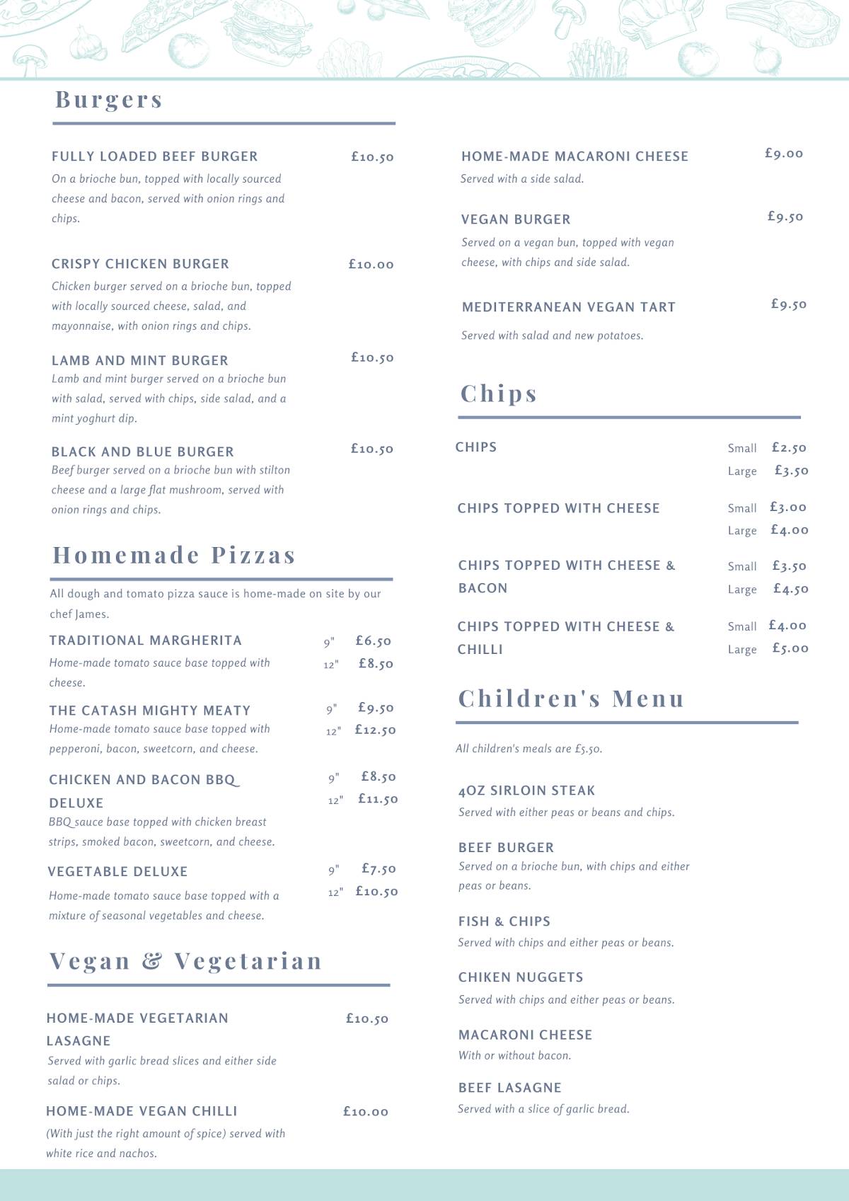 Menu at The Catash Inn pub & bar, North Cadbury, Cary Rd