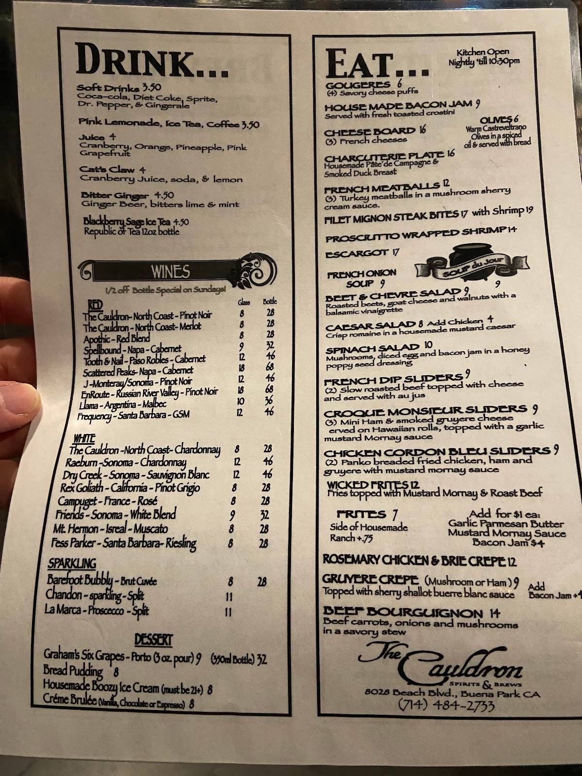 Menu at The Cauldron Spirits and Brews pub & bar, Buena Park