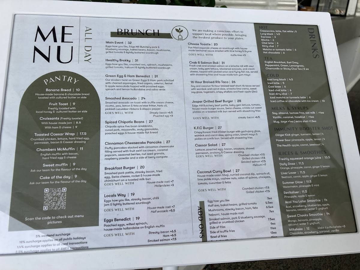 Menu at The Chambers cafe, Cairns City, 21 Spence St