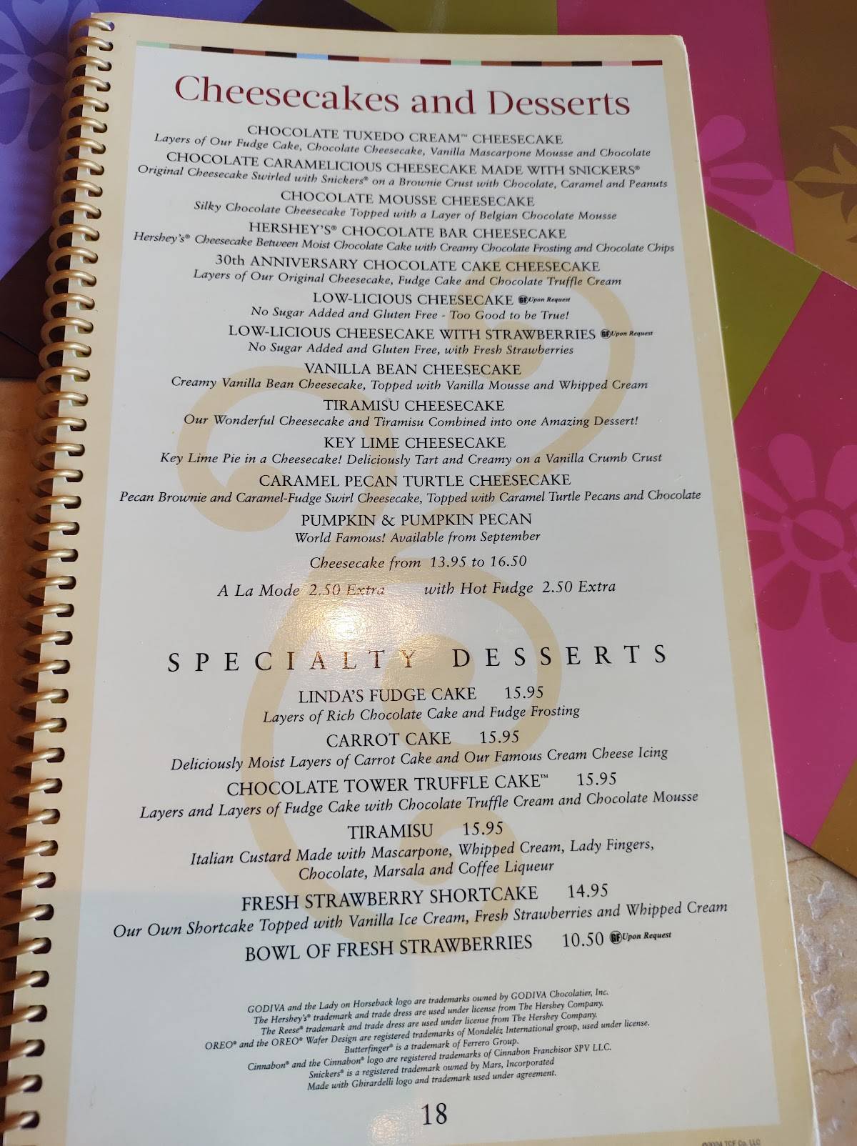 Menu at The Cheesecake Factory desserts, Toronto