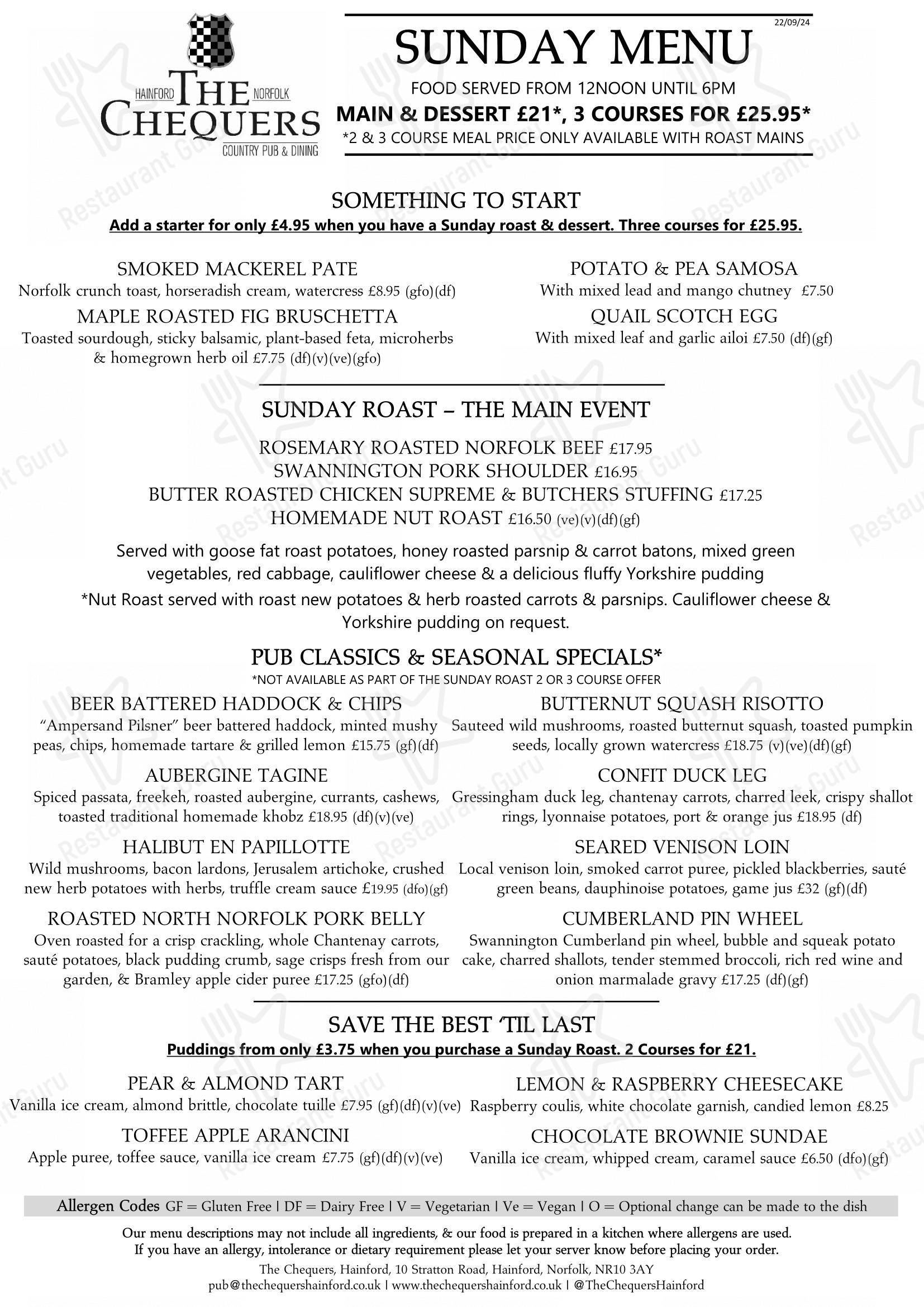 Menu at The Chequers Hainford pub & bar, Norwich