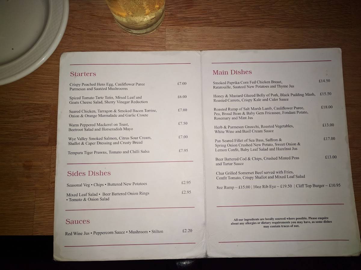 Menu at The Cliff Top Restaurant, Bournemouth