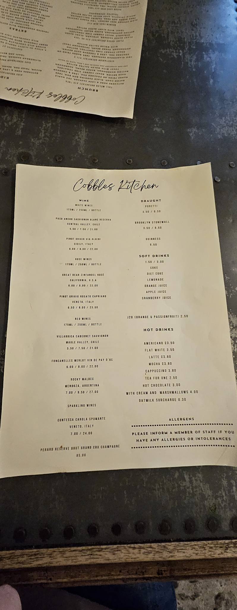 Menu at The Cobbles Collective cafe, Bridgend