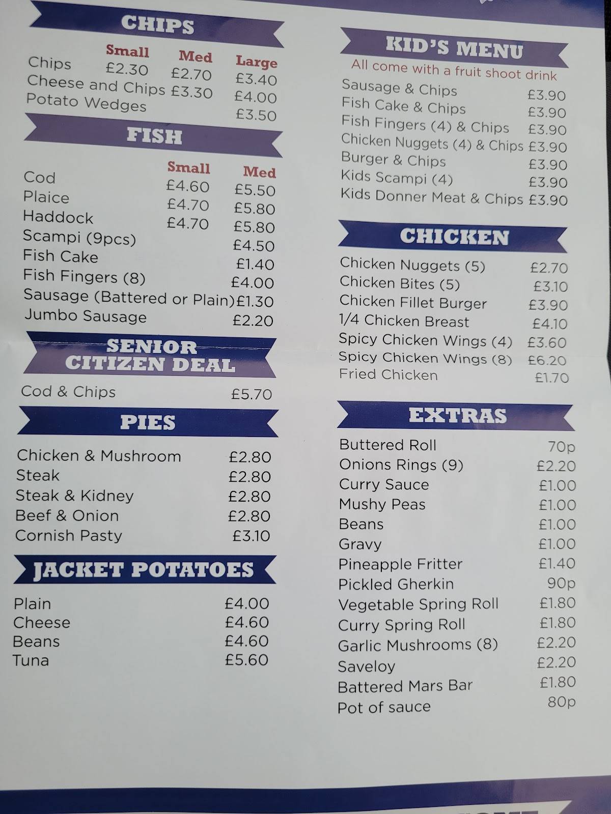 Menu at The Cod Father fast food, Dover