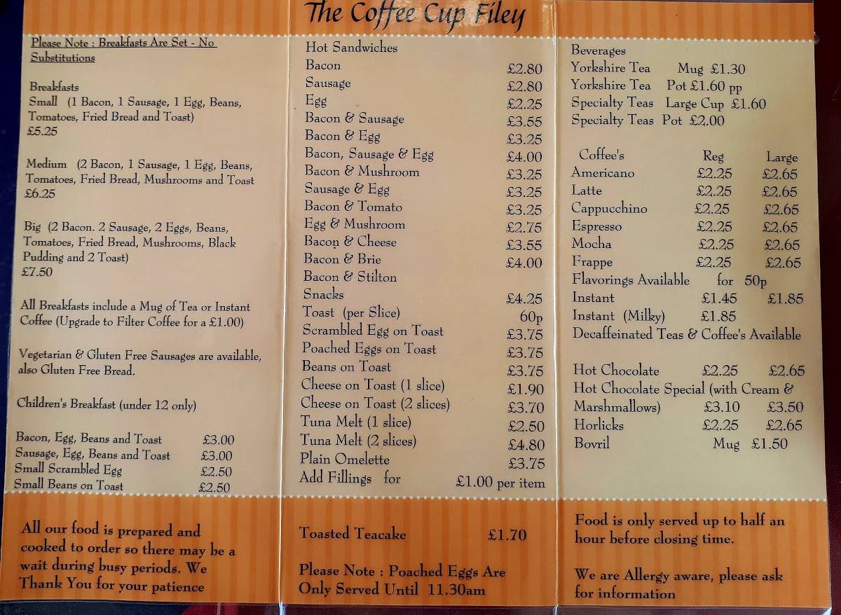 Menu at The Coffee Cup Filey cafe, Filey