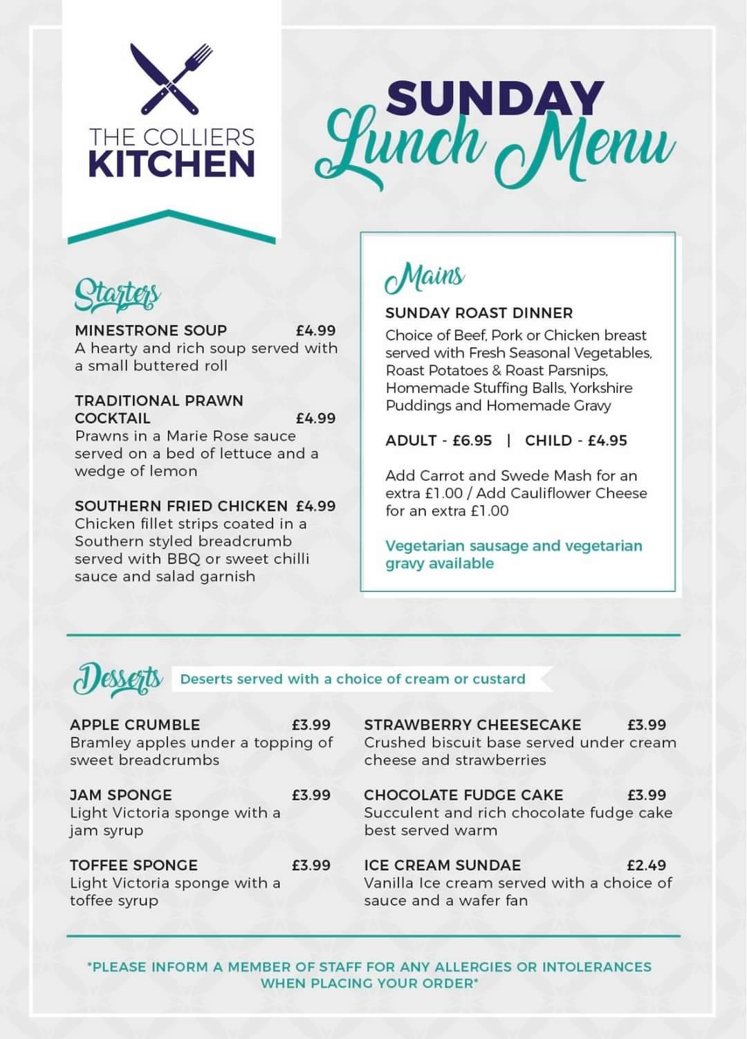 Menu at The Colliers Arms Porth pub & bar, Porth