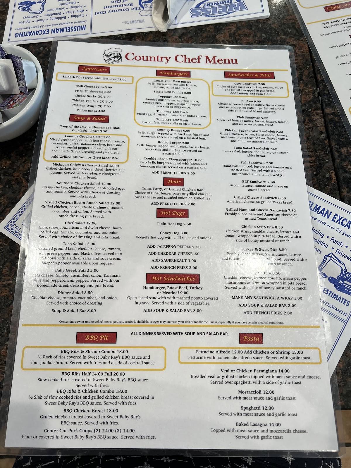 Menu at ANDYS COUNTRY CHEF restaurant, Clio