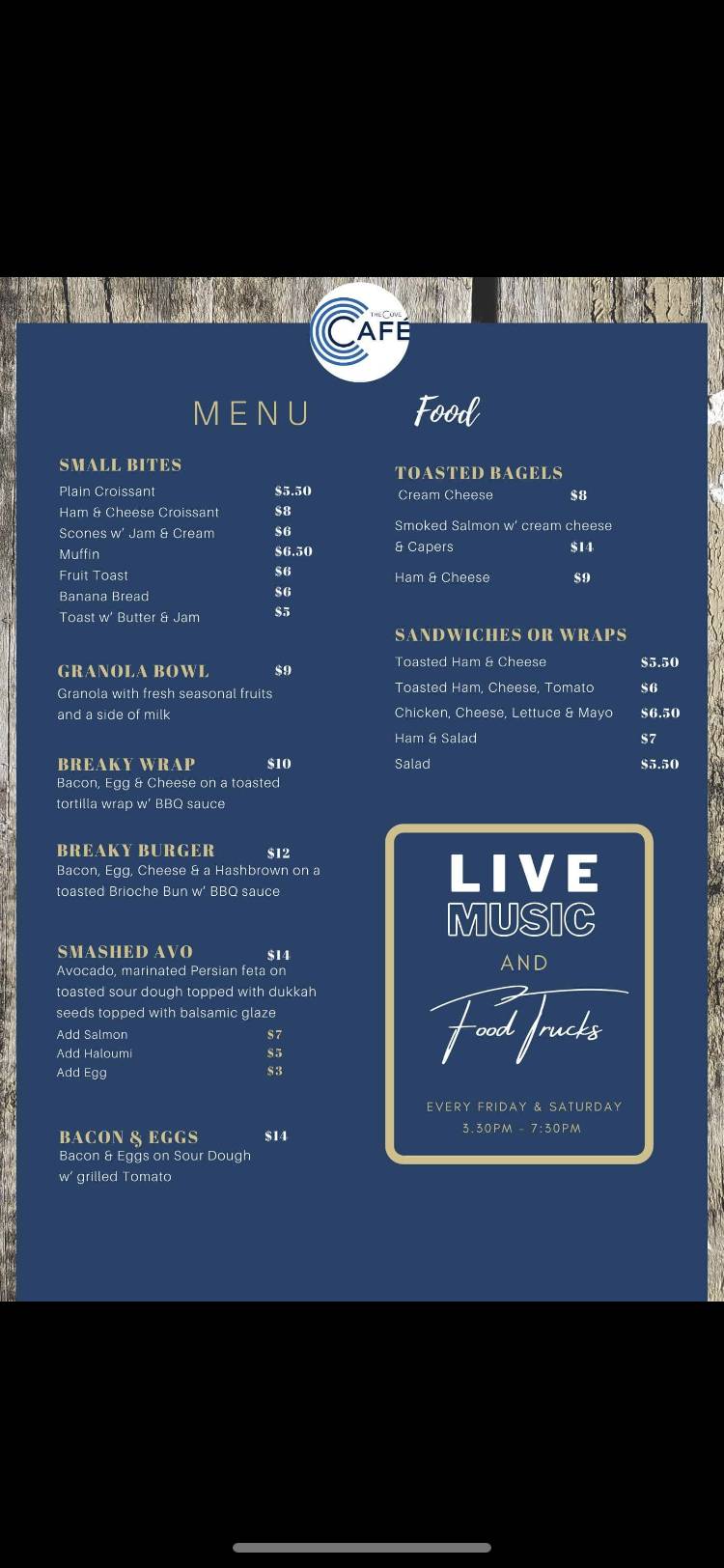 Menu at The Cove Café cafe, Pelican Waters