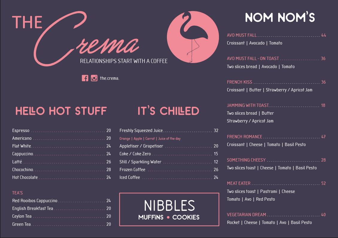 Speisekarte von The Crema cafe, Kapstadt