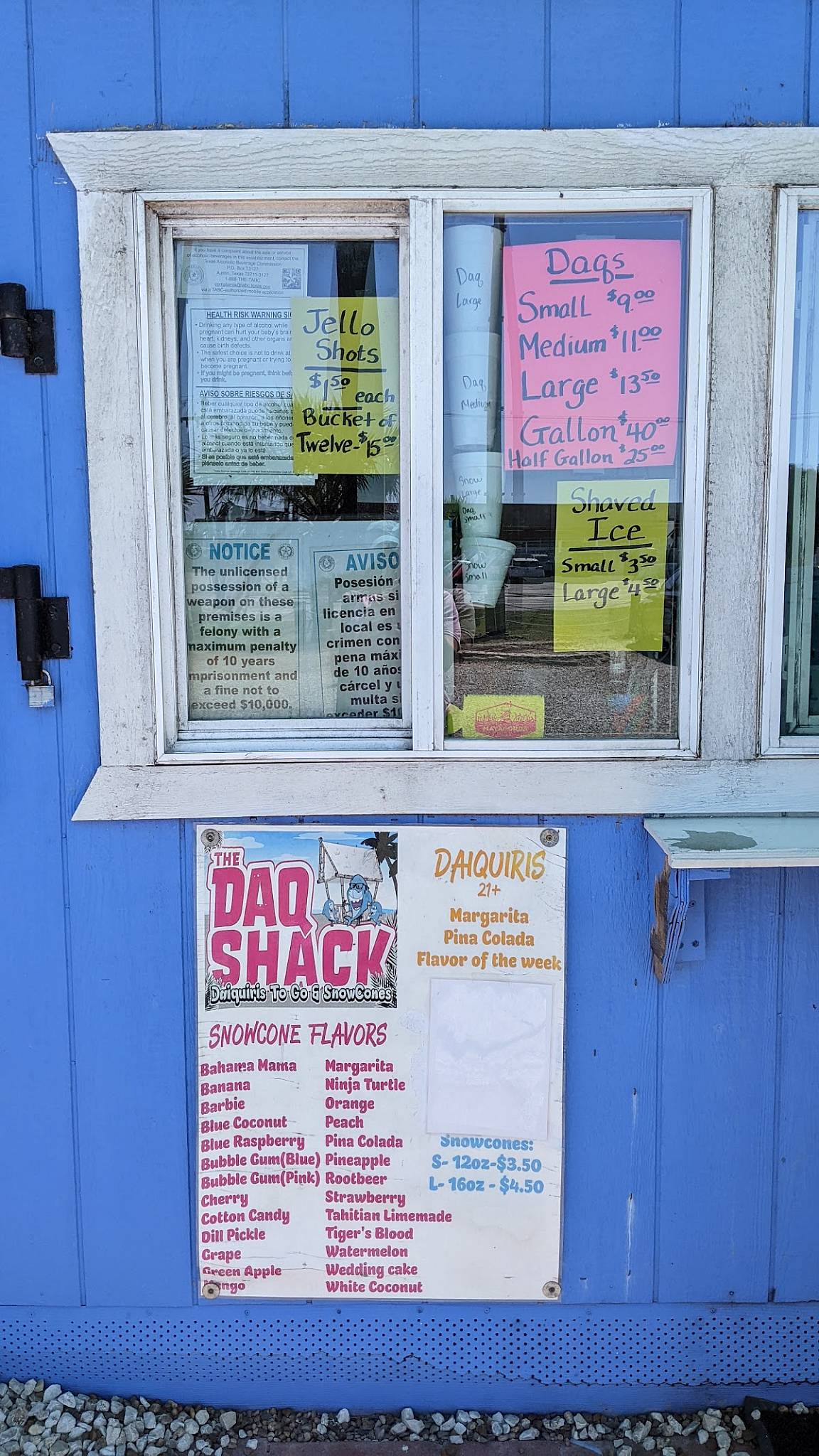 Menu at The Daq Shack: Daiquiris To Go & SnowCones desserts, Matagorda