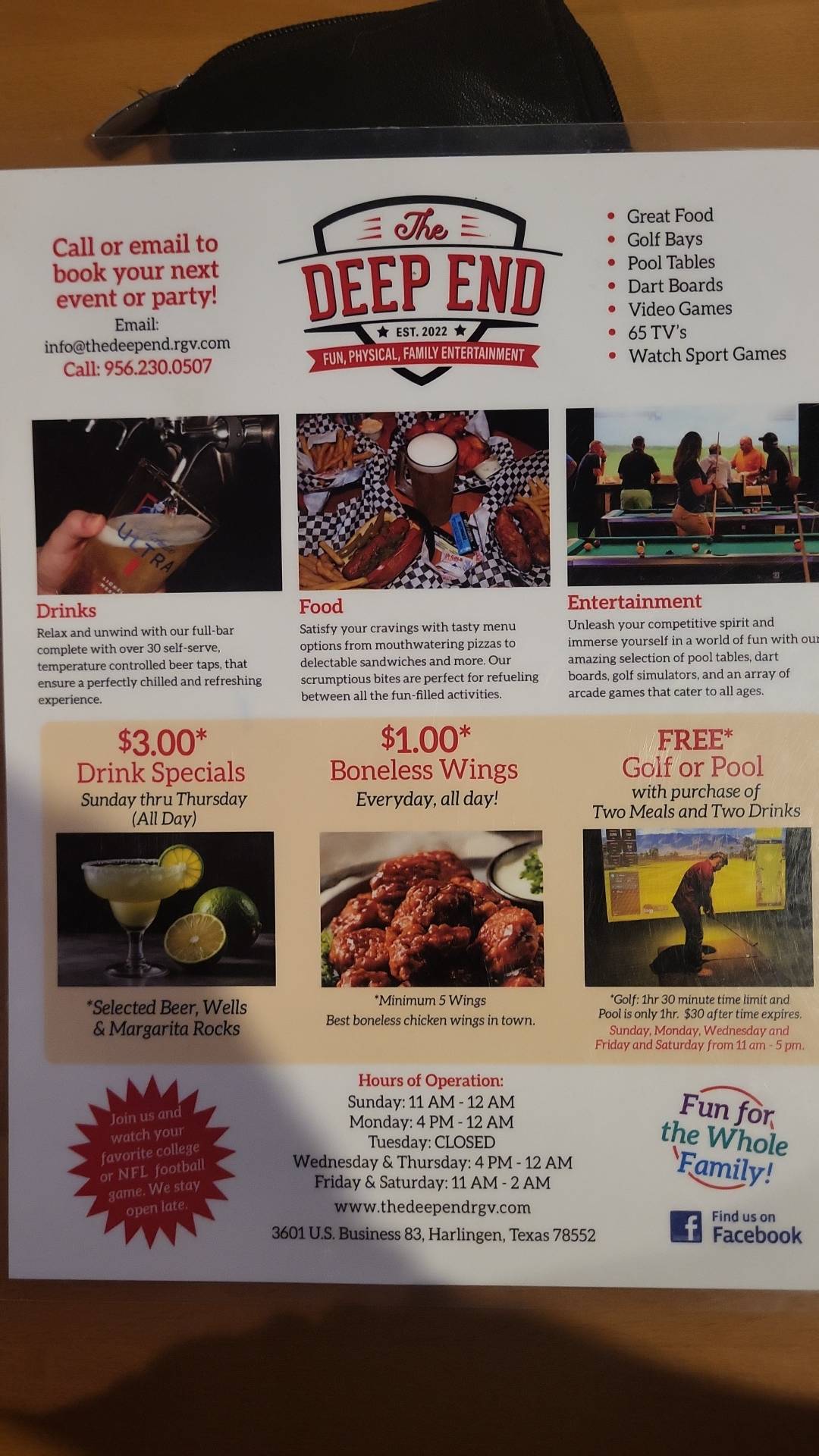 Menu at The Deep End pub & bar, Harlingen