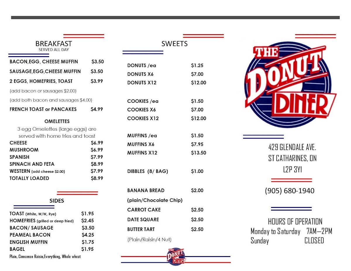 Menu at The Donut Diner cafe, St. Catharines, 429 Glendale Ave