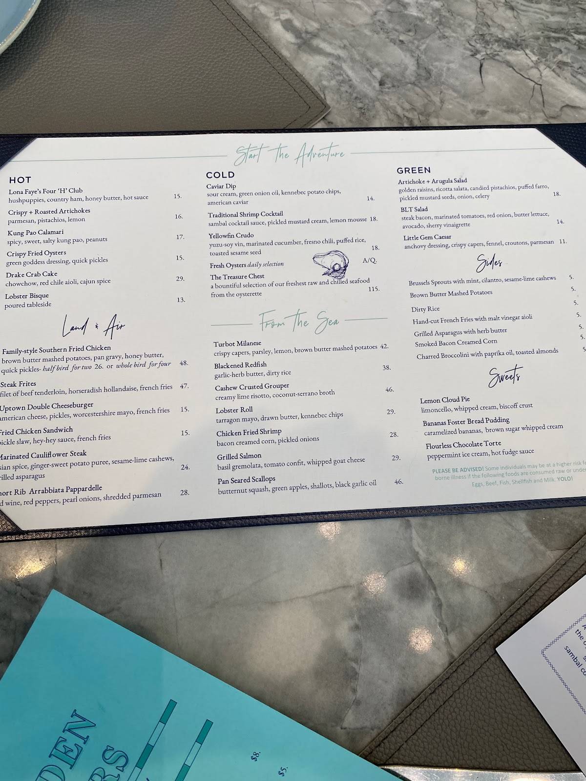 Menu at The Drake restaurant, Oklahoma City