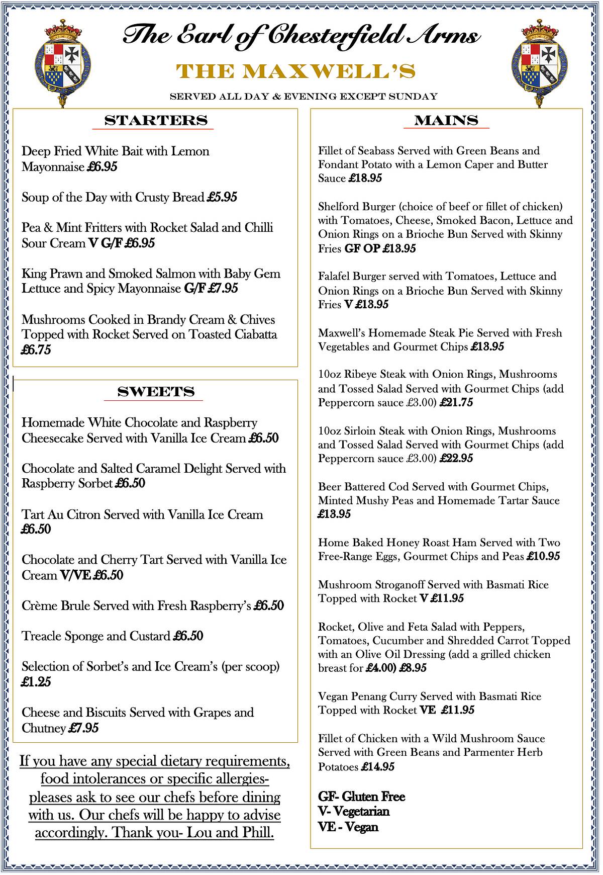 Menu at The Earl of Chesterfield pub & bar, Lowdham, Main Rd