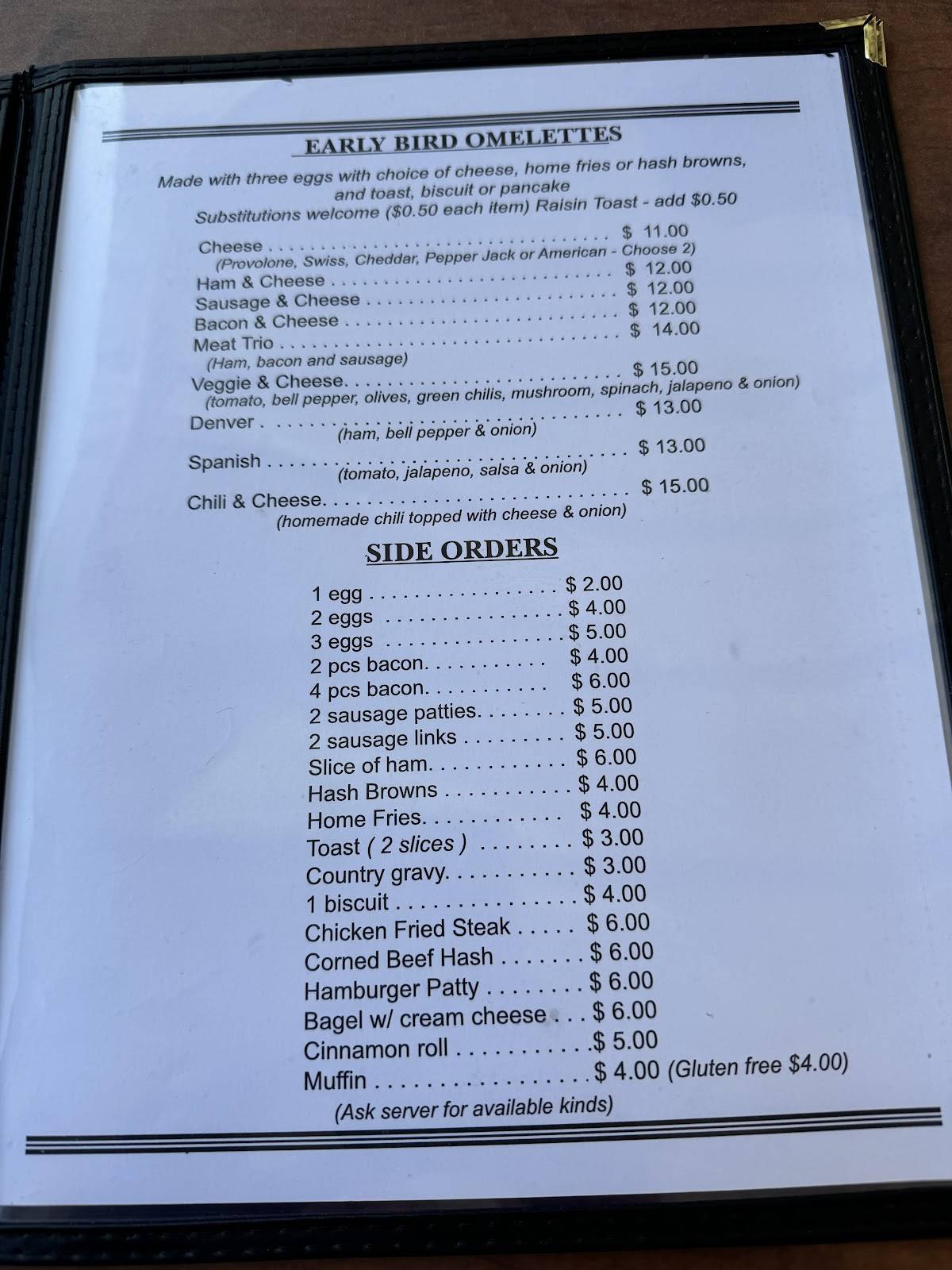 Menu at The Early Bird Cafe, Pine