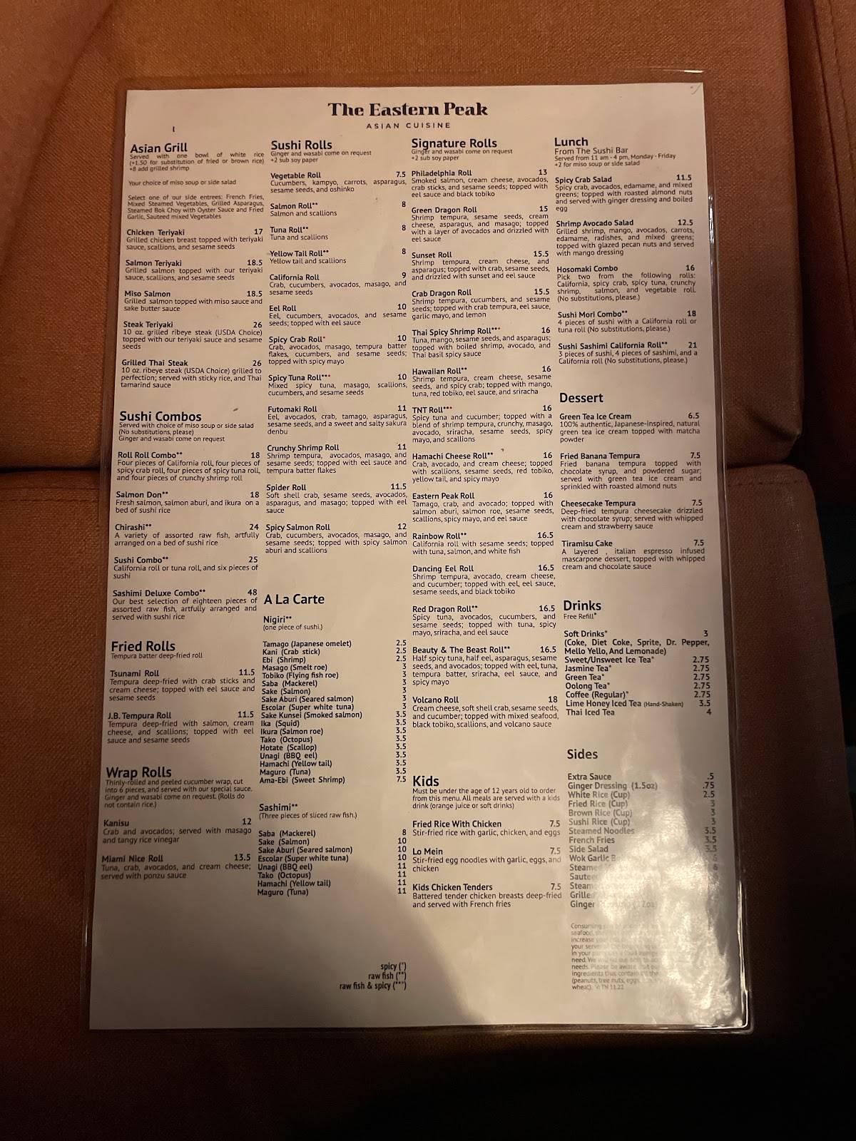 Menu at The Eastern Peak - Bellevue restaurant, Nashville, Sawyer Brown ...