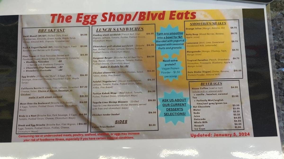 Menu at The Egg Shop restaurant, Las Vegas