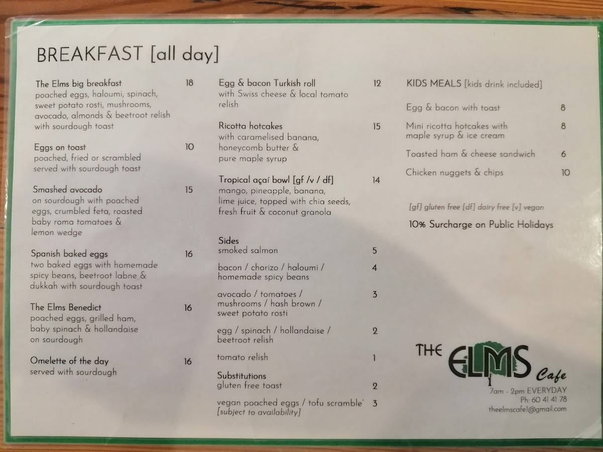 Menu at The Elms cafe, Albury
