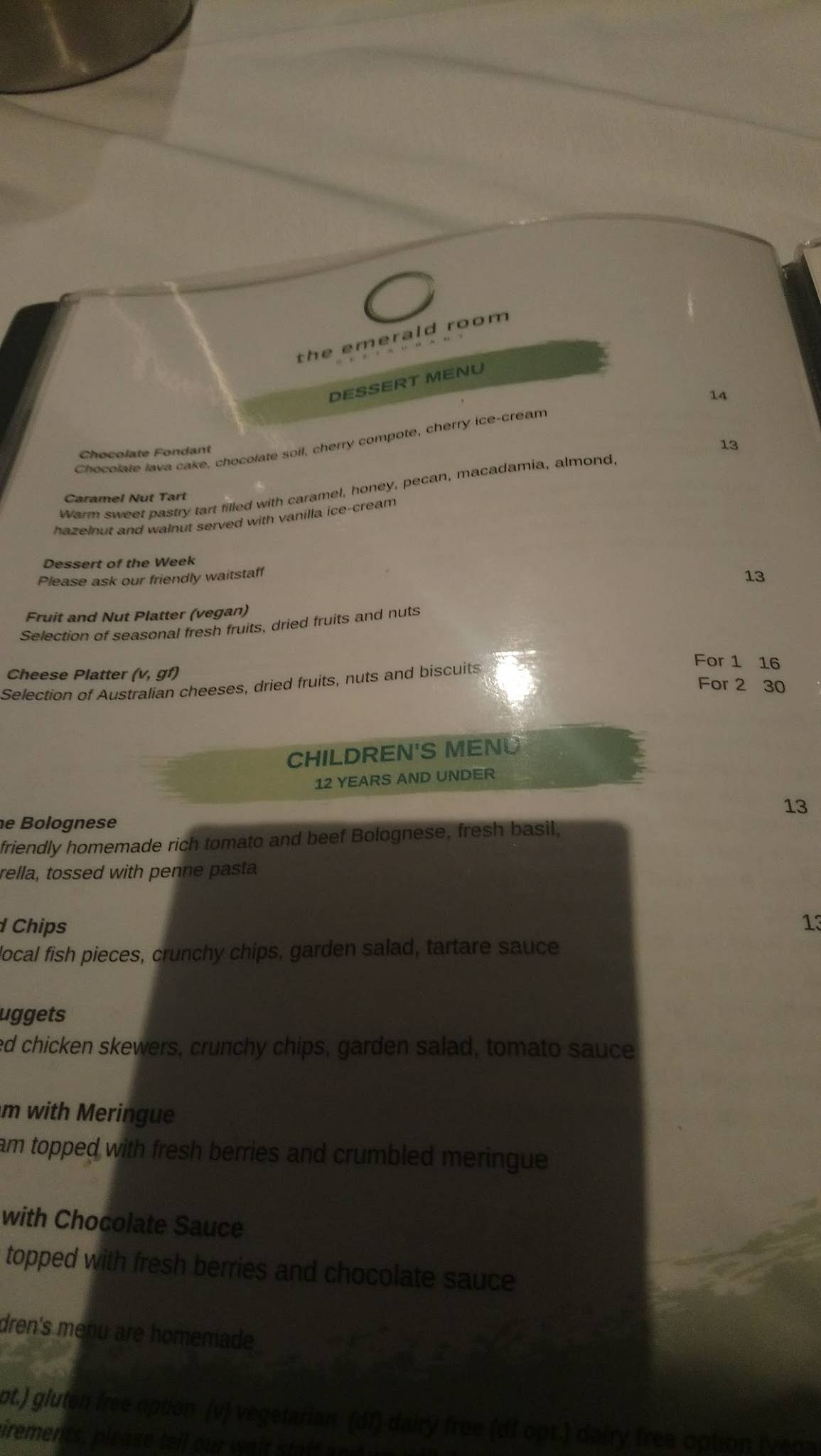 Menu at The Emerald Room Restaurant, Geraldton