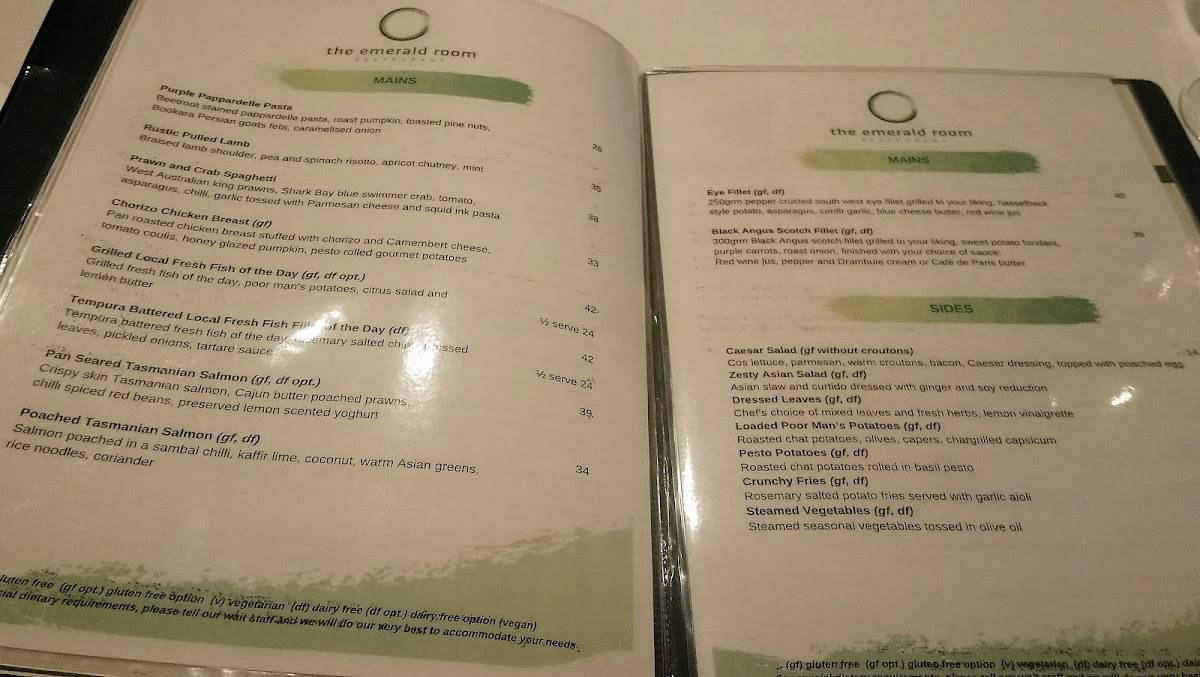 Menu at The Emerald Room Restaurant, Geraldton