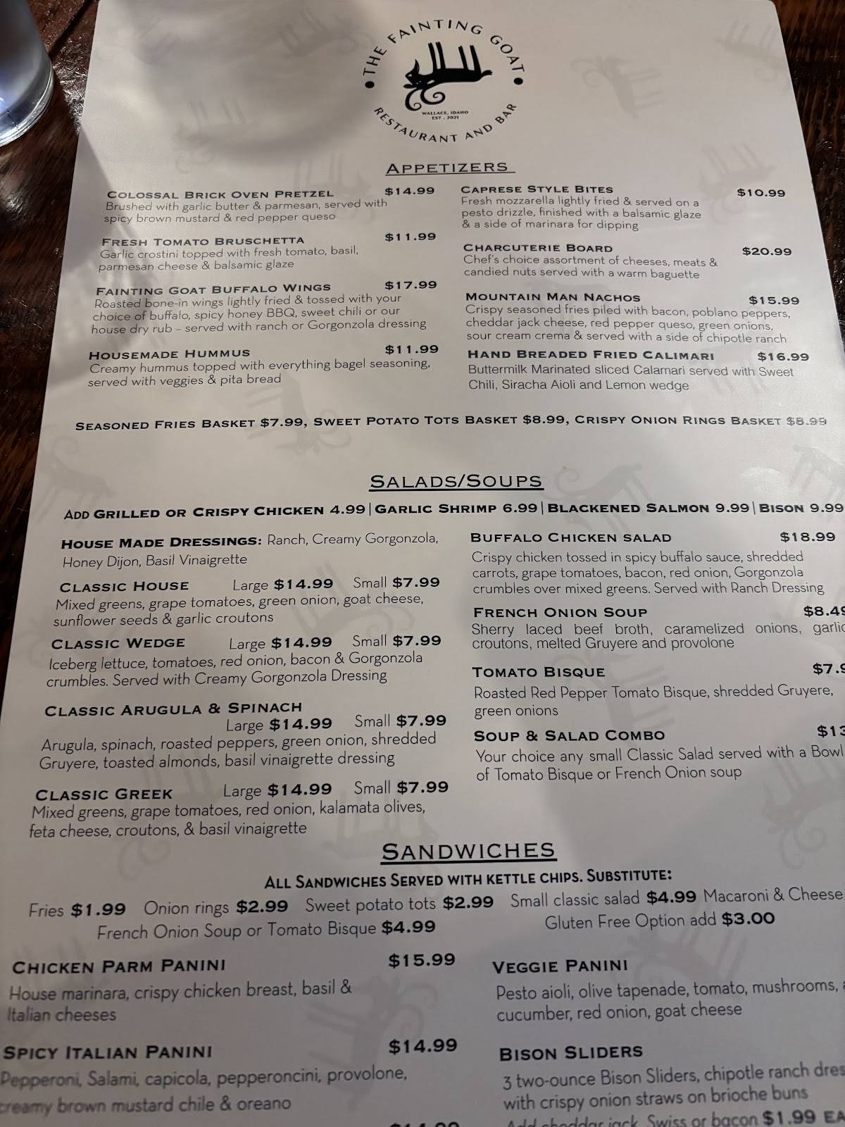 Menu at The Fainting Goat Restaurant and Bar, Wallace