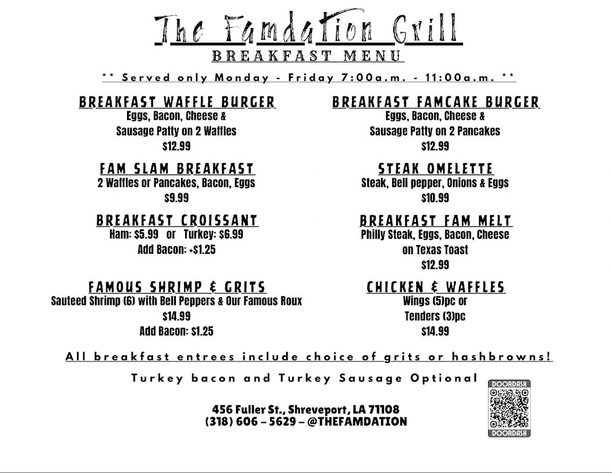 Menu at The Famdation Grill restaurant, Shreveport, 456 Fuller St