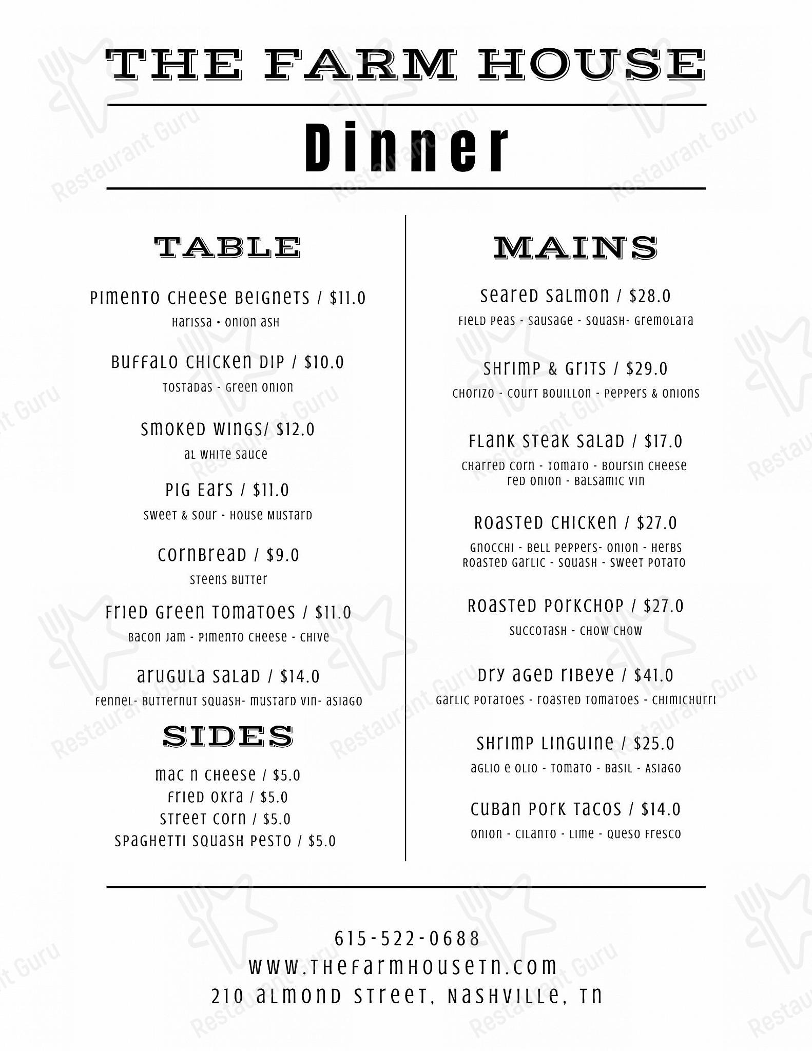 Menu at The Farm House restaurant, Nashville, 210 Almond St