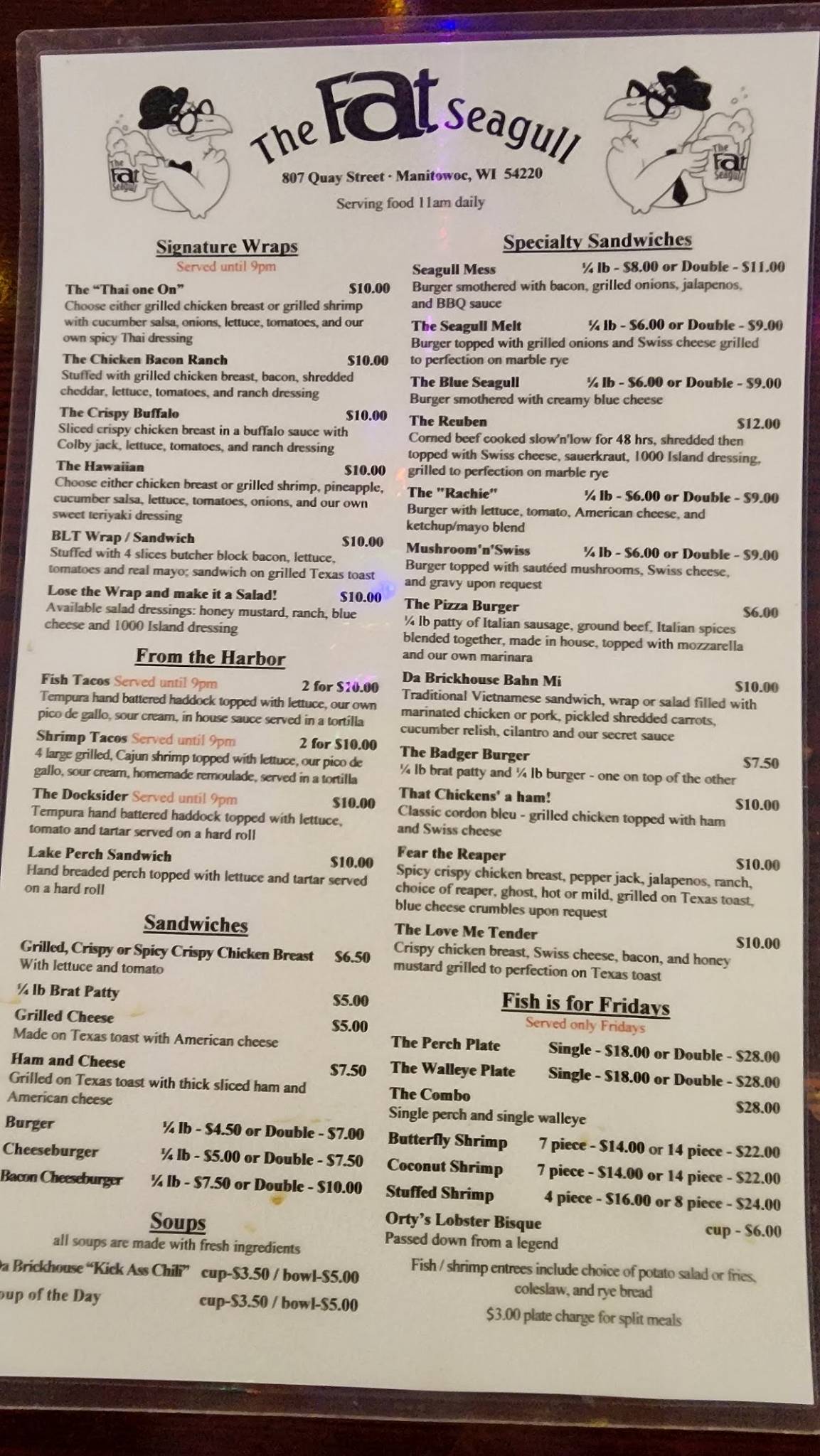 Menu at The Fat Seagull pub & bar, Manitowoc