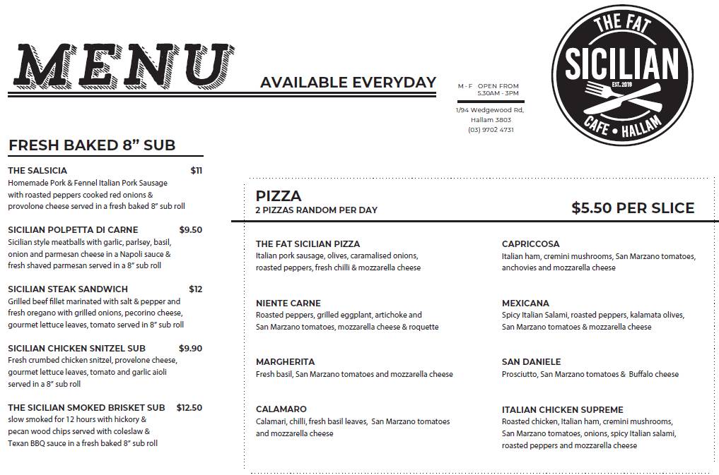 Menu at The Fat Sicilian cafe, Hallam