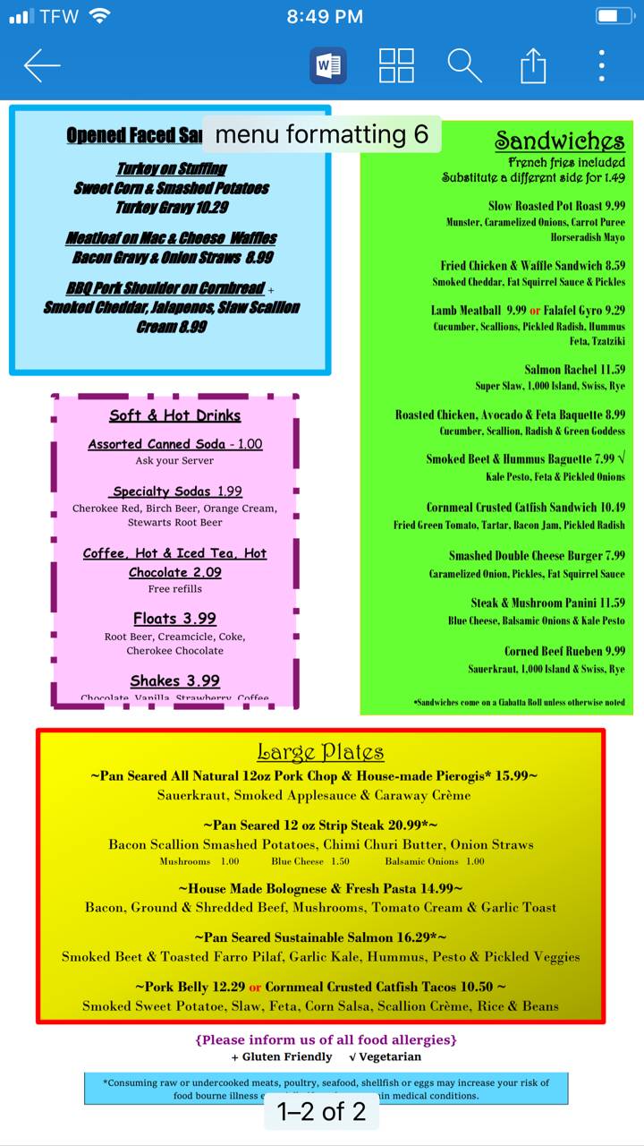 Menu at The Fat Squirrel Restaurant, Jennerstown